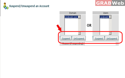 How can I suspend an account from my Reseller account - GRABWEB [India]